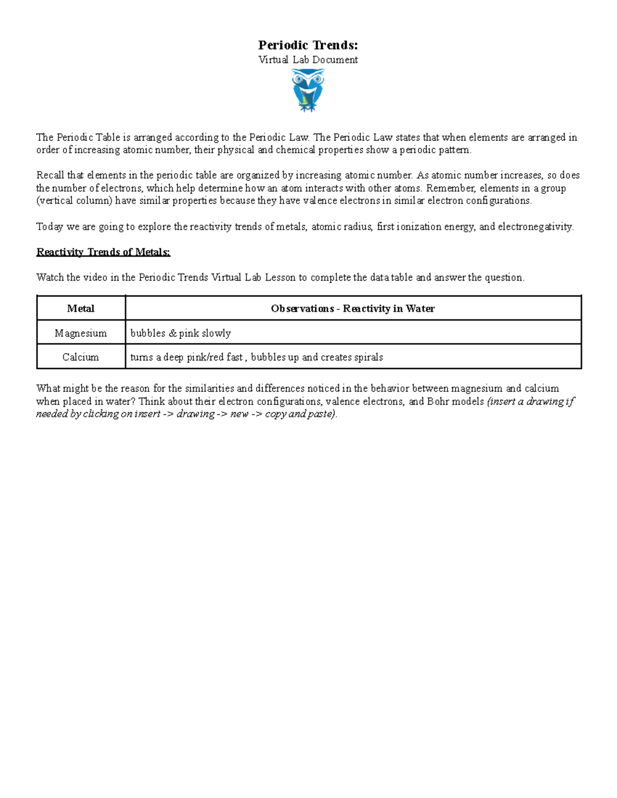 Periodic Trends Virtual Lab: Exploring Reactivity & Properties - Studocu
