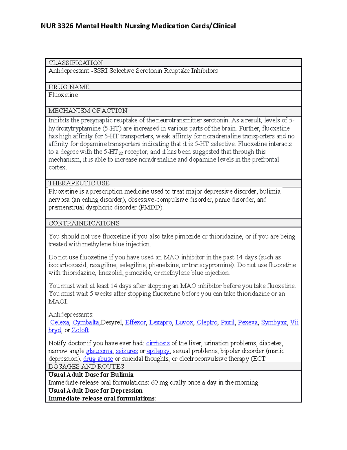 Medication Card Fluoxetine - CLASSIFICATION Antidepressant -SSRI ...