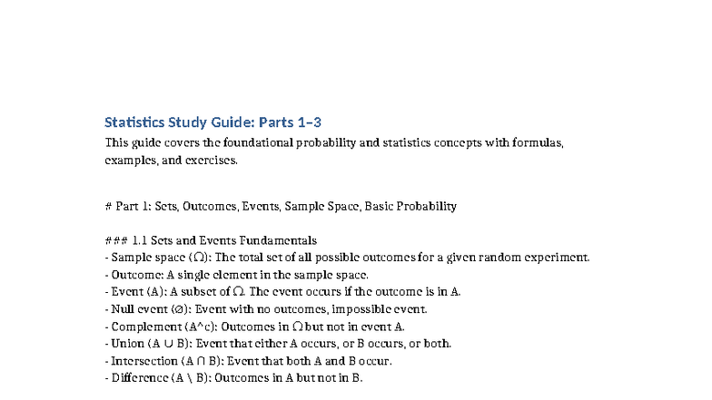 Statistics Study Guide (STAT101): Concepts & Formulas Parts 1-3 - Studocu