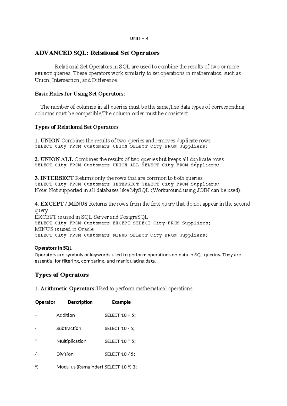 DBMS-UNIT 4: Advanced SQL Relational Set Operators Explained - Studocu