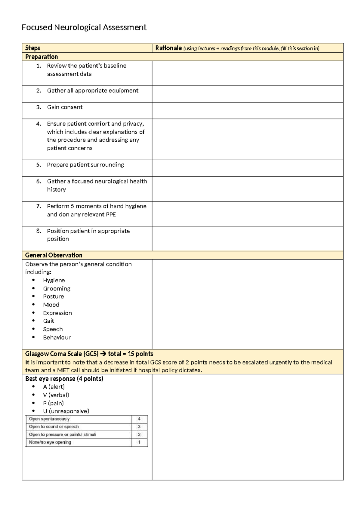 CLU3 Focused Neurological Assessment Steps and Guidelines - Studocu