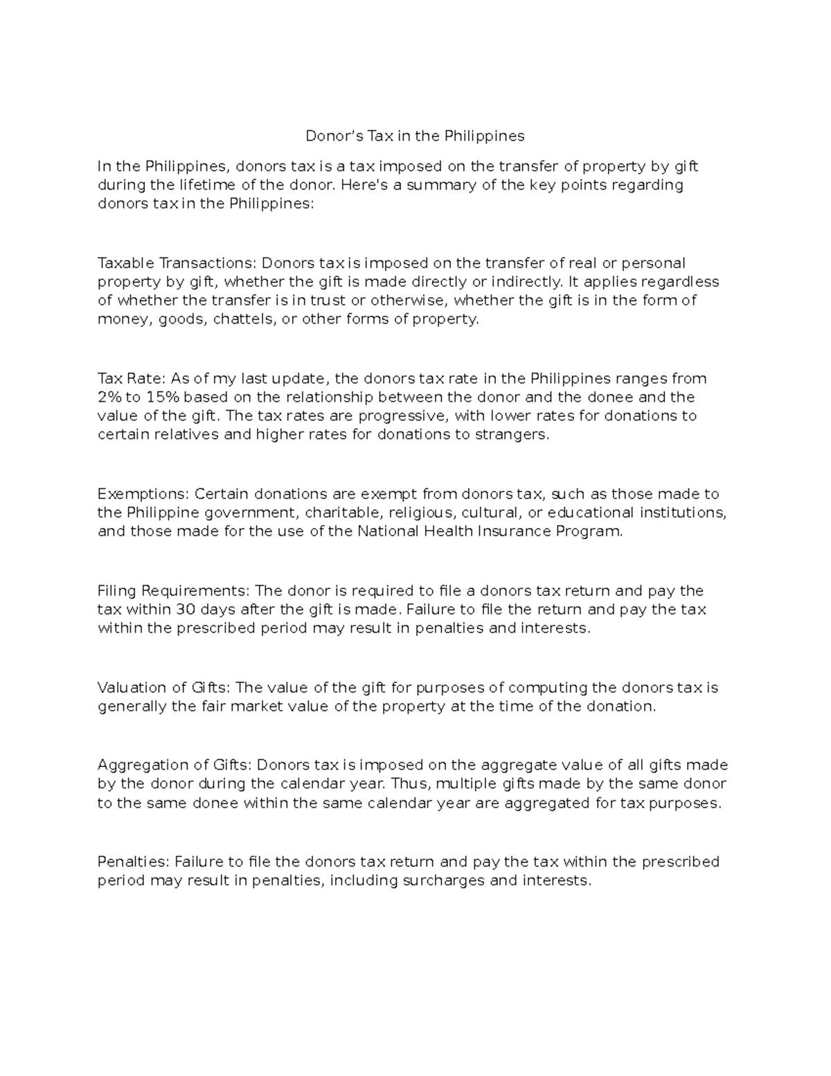 Donor's Tax in the Philippines: Key Points & Filing Requirements - Studocu