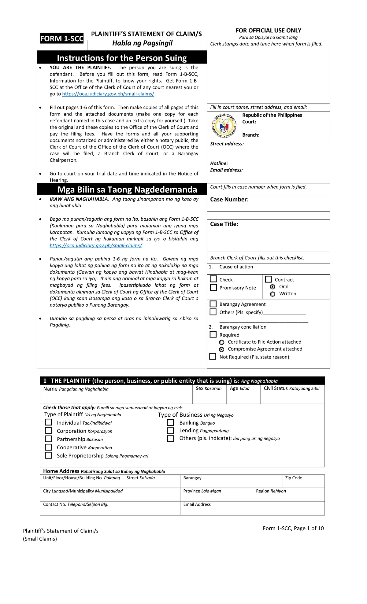 FORM 1-SCC: Small Claims Plaintiff's Statement of Claim and Instructions - Studocu