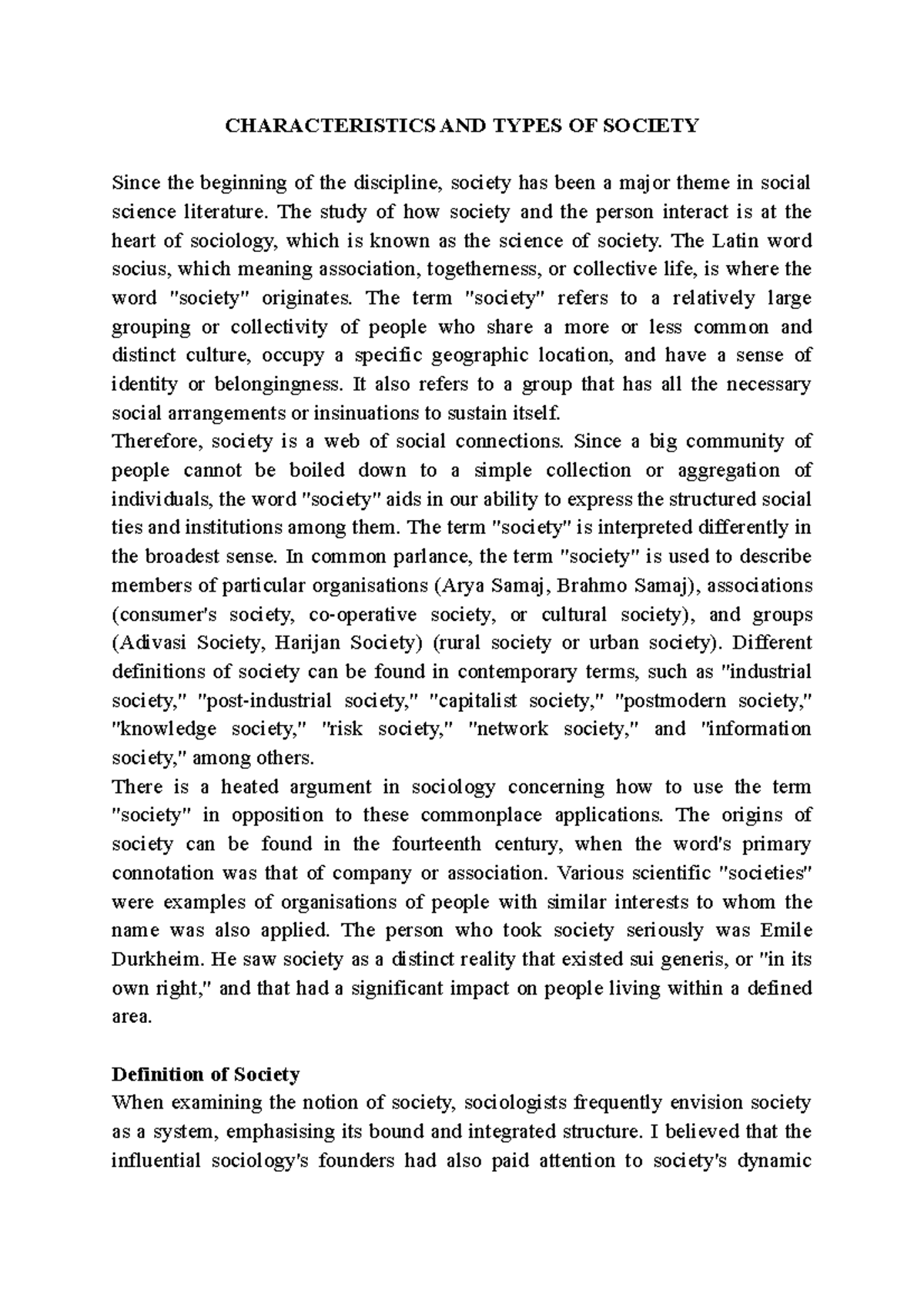 Characteristics and Types of Society: A Sociological Overview - Studocu