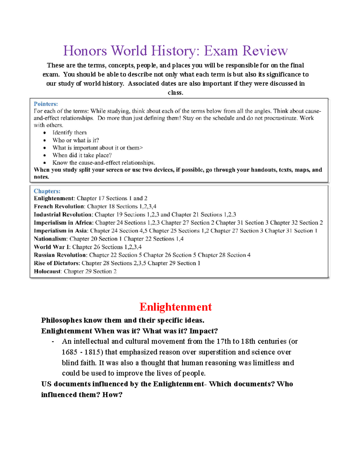 Honors World History: Final Exam Review of Key Terms and Concepts - Studocu