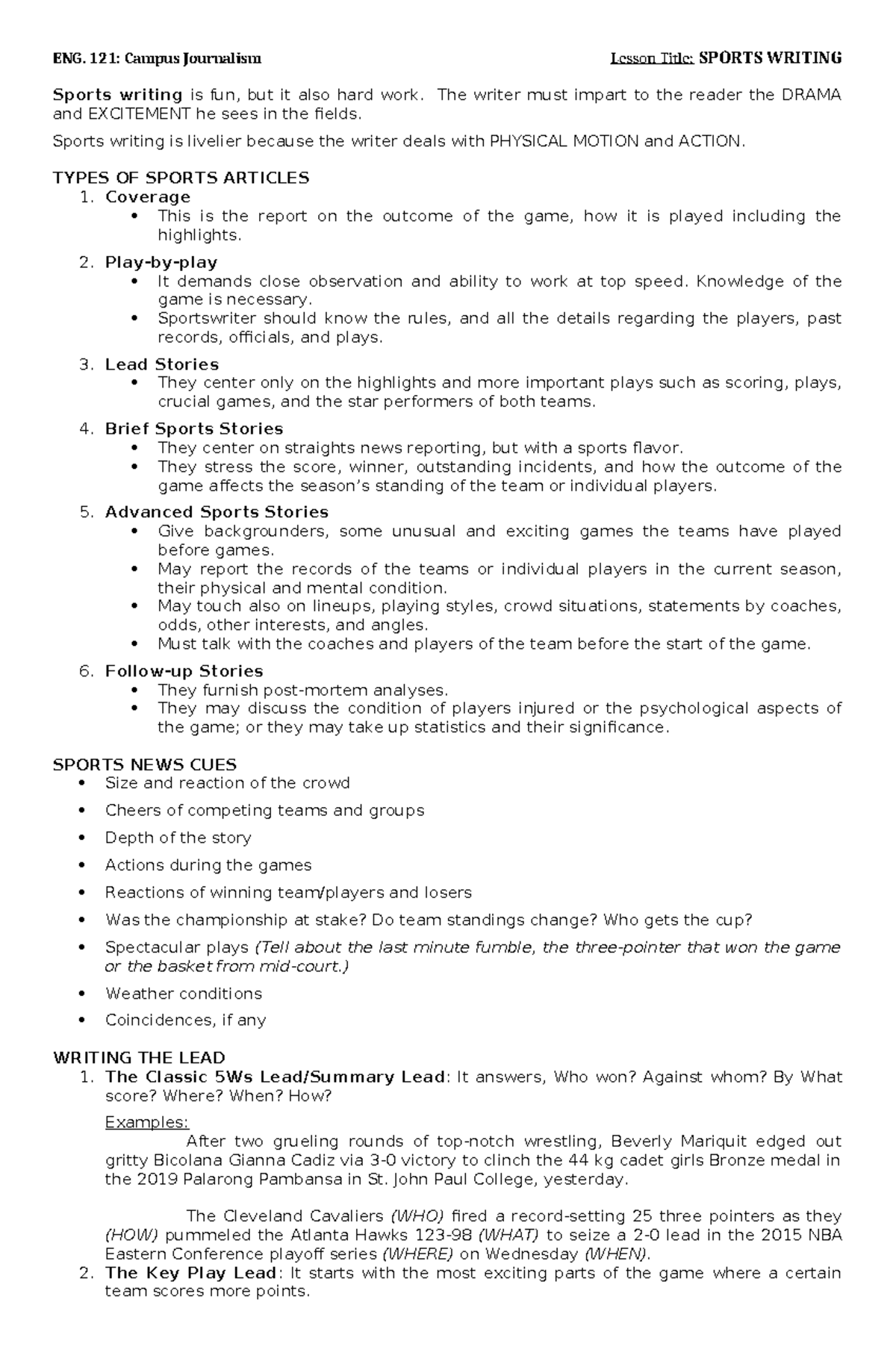 ENG. 121: Campus Journalism Lesson - Sports Writing Techniques - Studocu