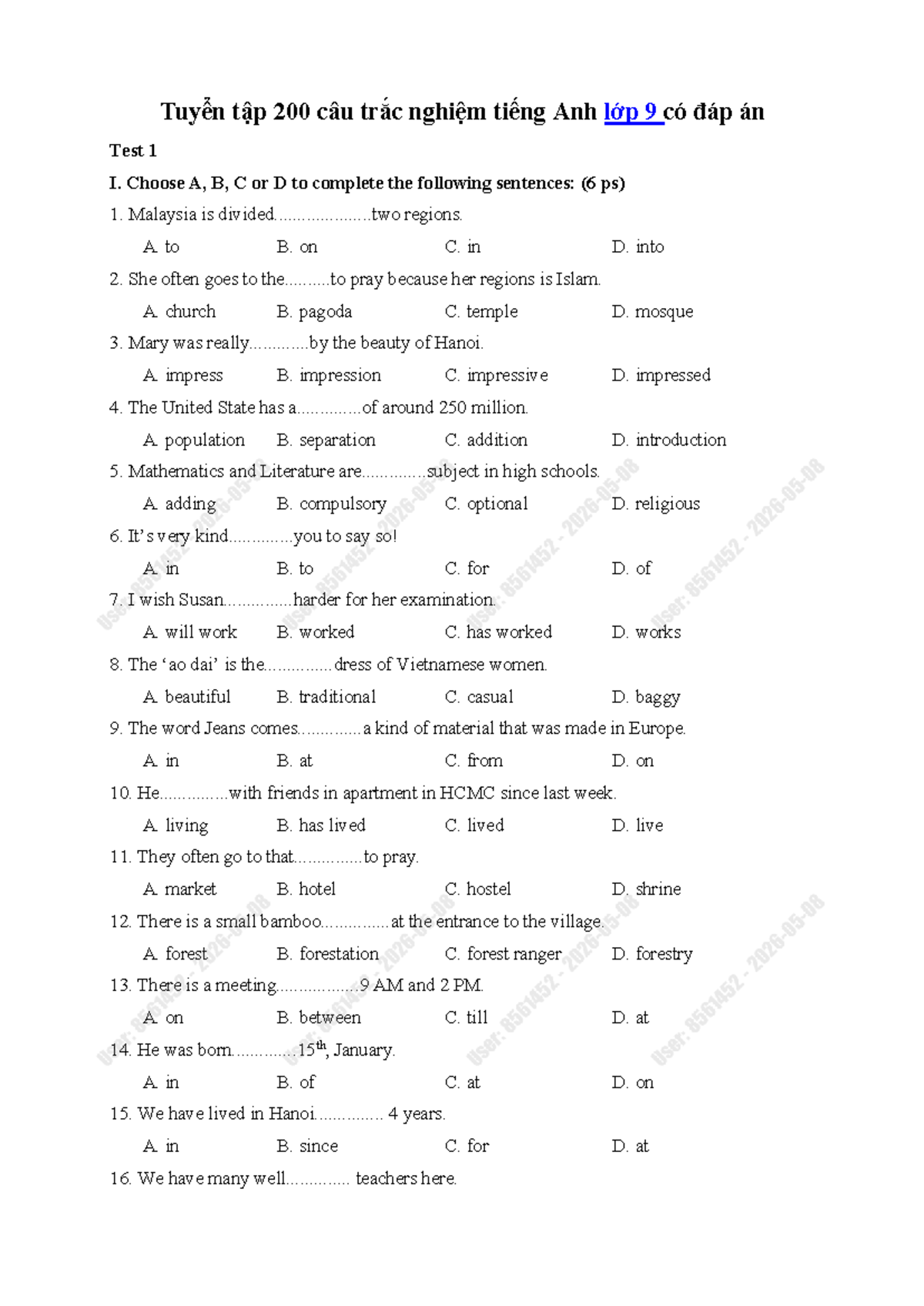 Tuyển Tập 200 Câu Trắc Nghiệm Tiếng Anh Lớp 9 - Test 1 & 2 - Studocu
