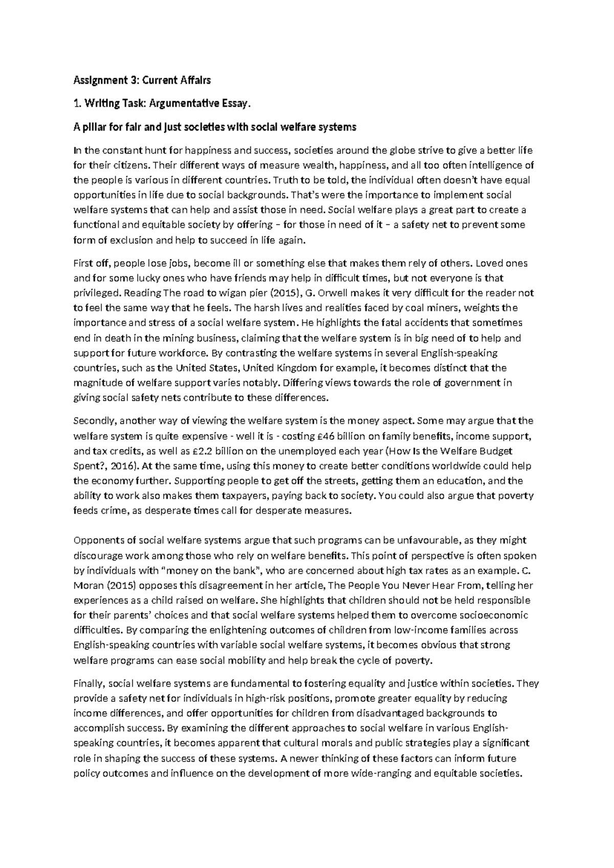 Assignment 3: Argumentative Essay on Social Welfare Systems - Studocu