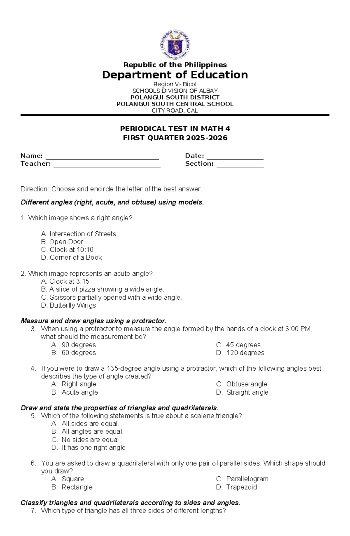 1ST Periodical Test in Math 4: Angles, Shapes, and Perimeter - Studocu