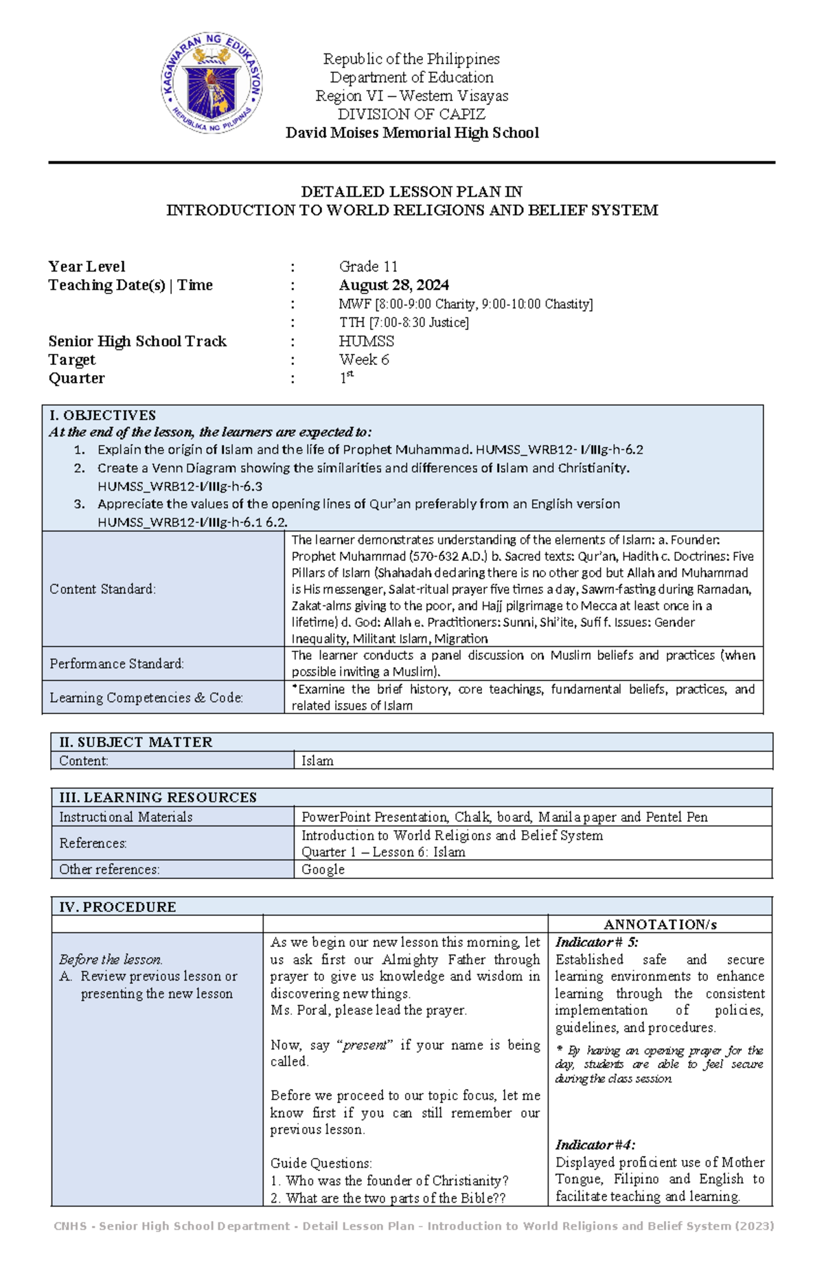 Detailed Lesson Plan: Islam in Introduction to World Religions (HUMSS ...