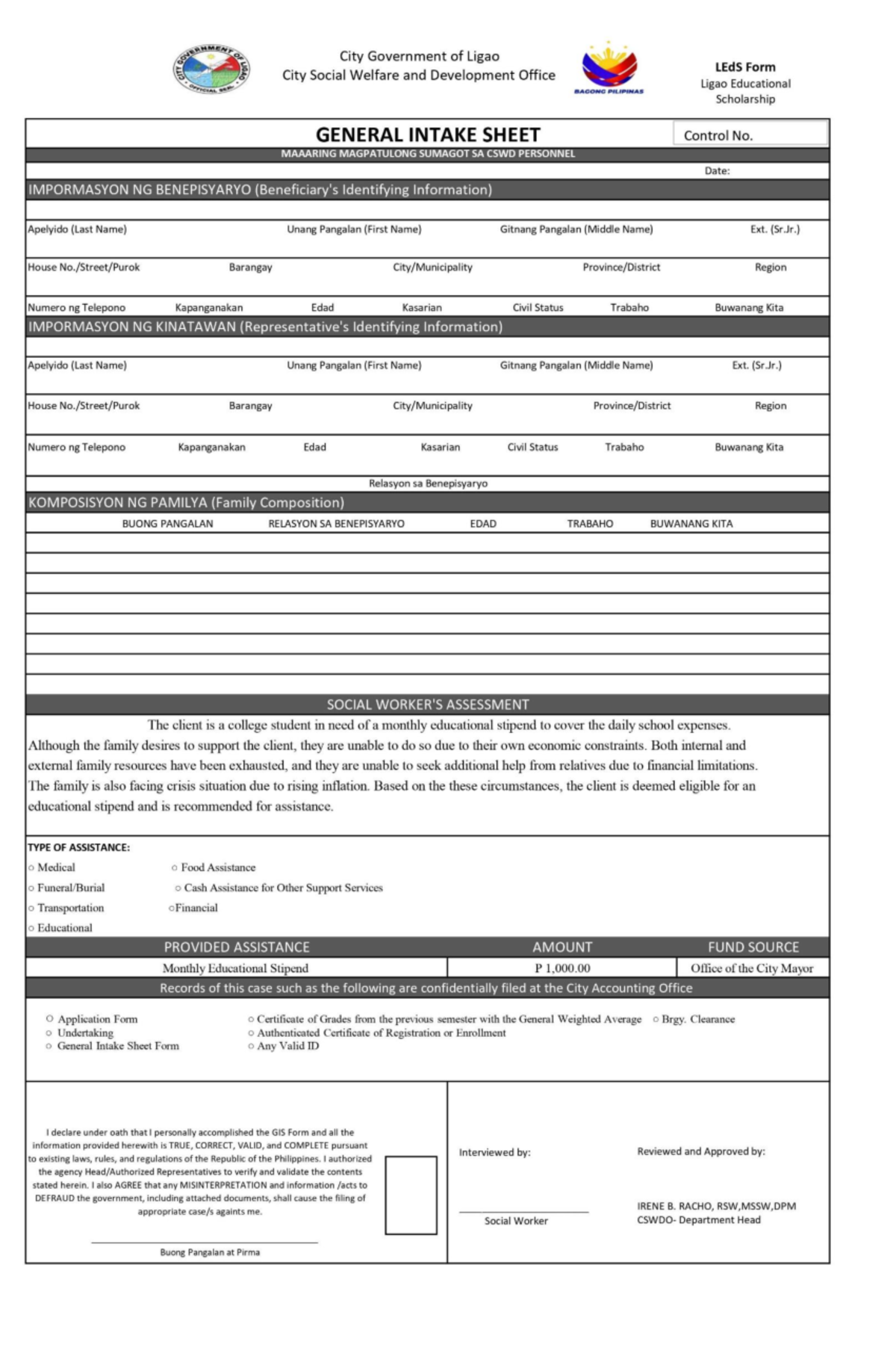 Ligao City SWDO Educational Stipend Application Form - Studocu