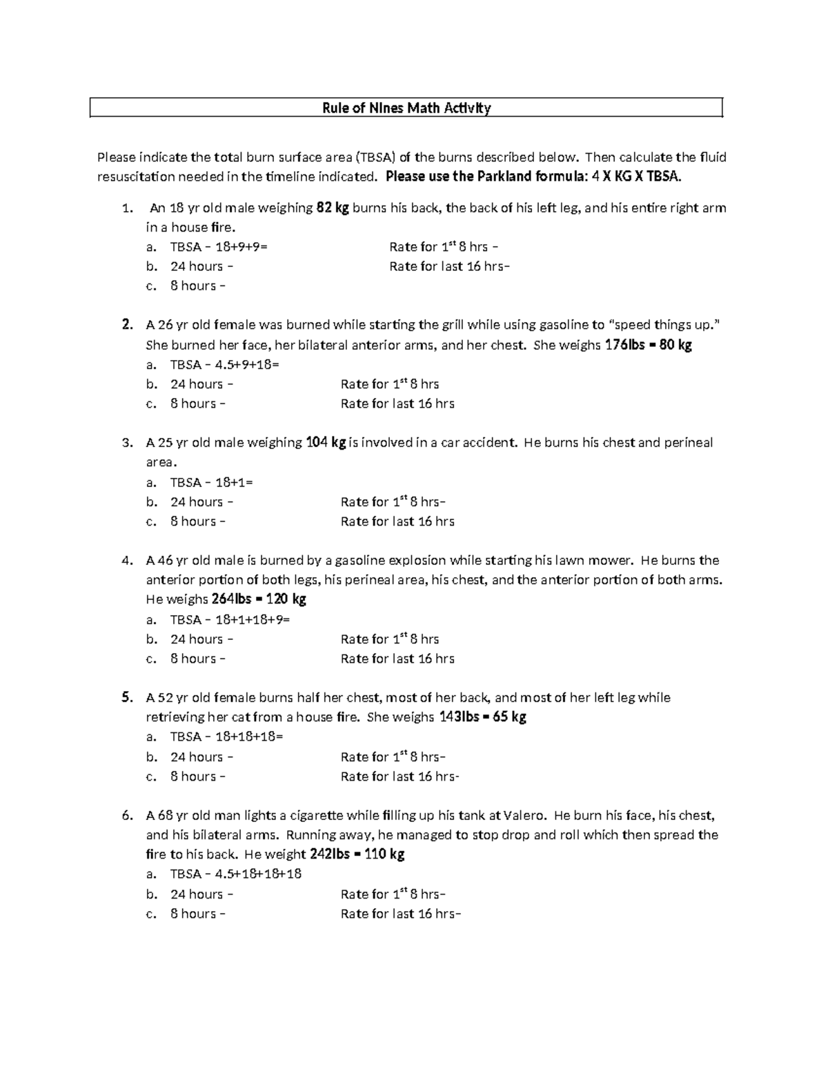 NUR 265L Rule of Nines Math Activity - Fluid Resuscitation Practice ...