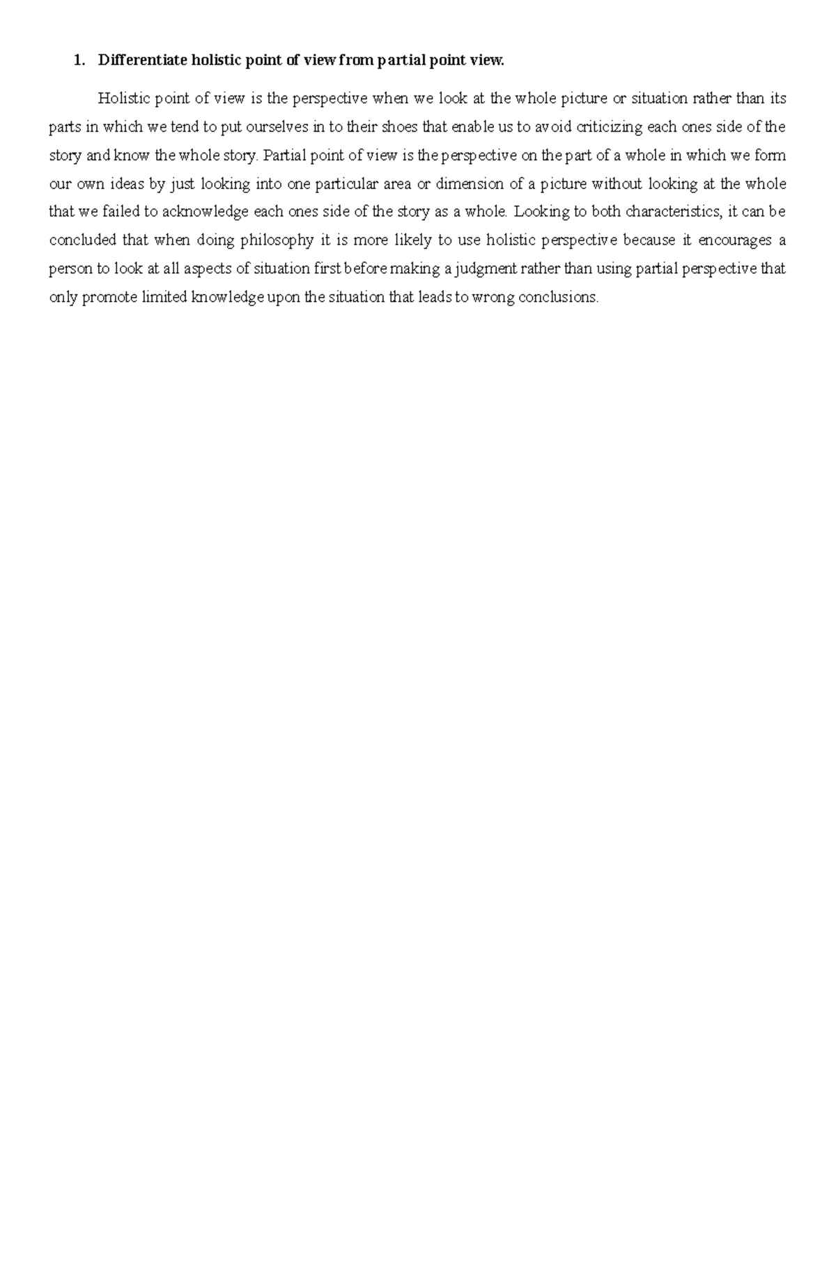 Holistic point of view from partial point view - 1. Differentiate ...