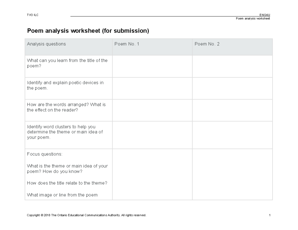 TVO ILC ENG4U Poem Analysis Graphic Organizer - Studocu