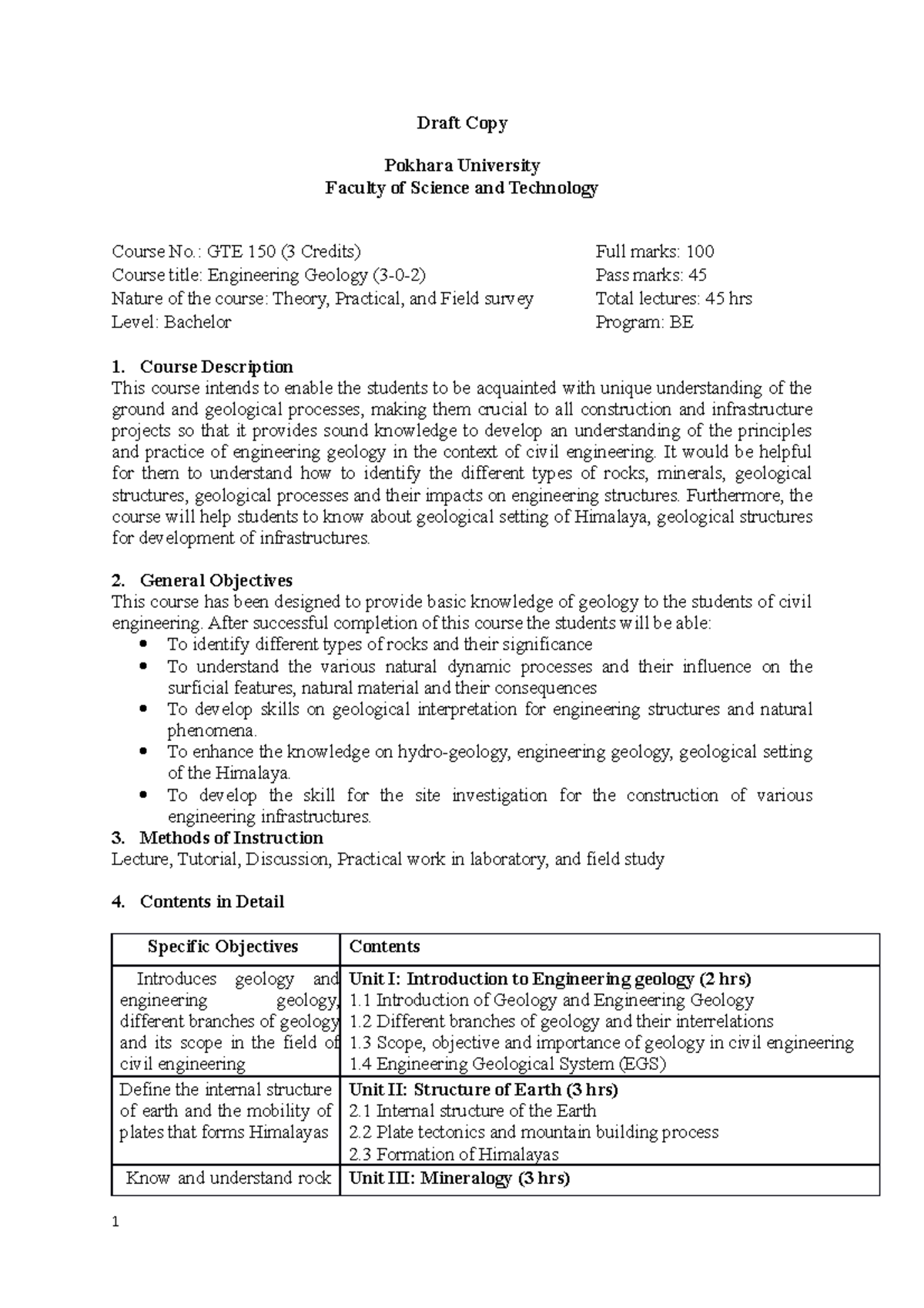 GTE 150: Engineering Geology Course Overview and Syllabus Details - Studocu