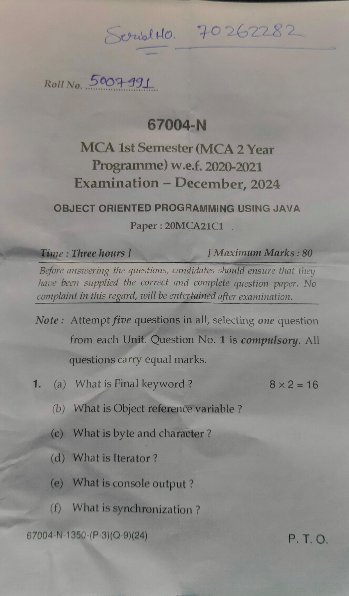 MCA 1st Sem OOPS Using Java Exam QP December 2024 - 20MCA21C1 - Studocu