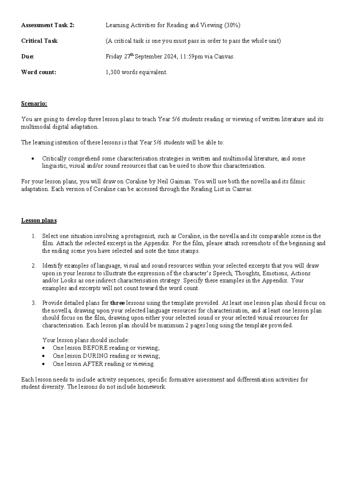 EDEN291 Assessment 2: Lesson Plans for Coraline Teaching Unit 2024 ...