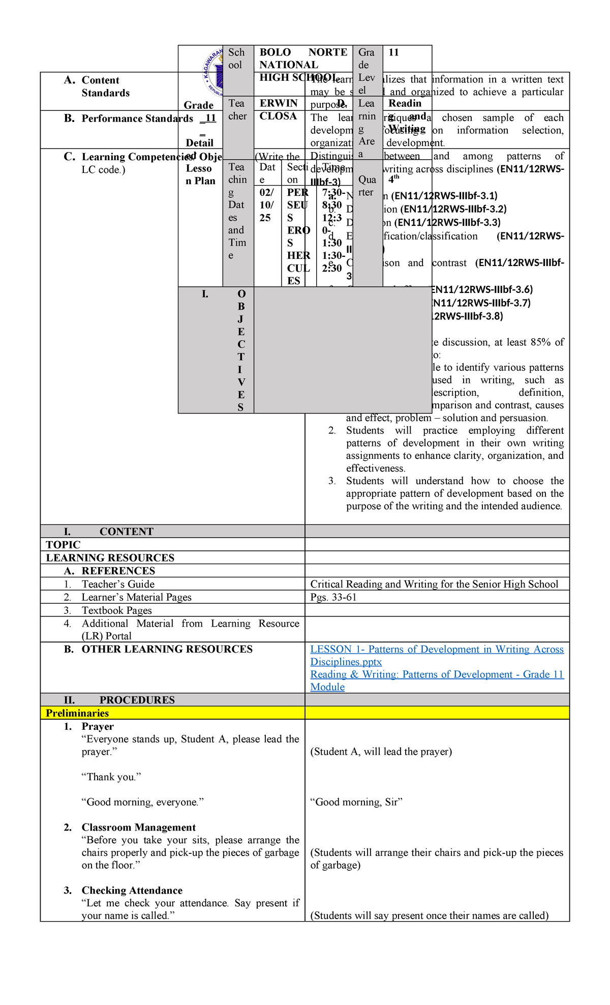 Pattern IN Development OF Writing (DLP) - A. Content Standards The ...