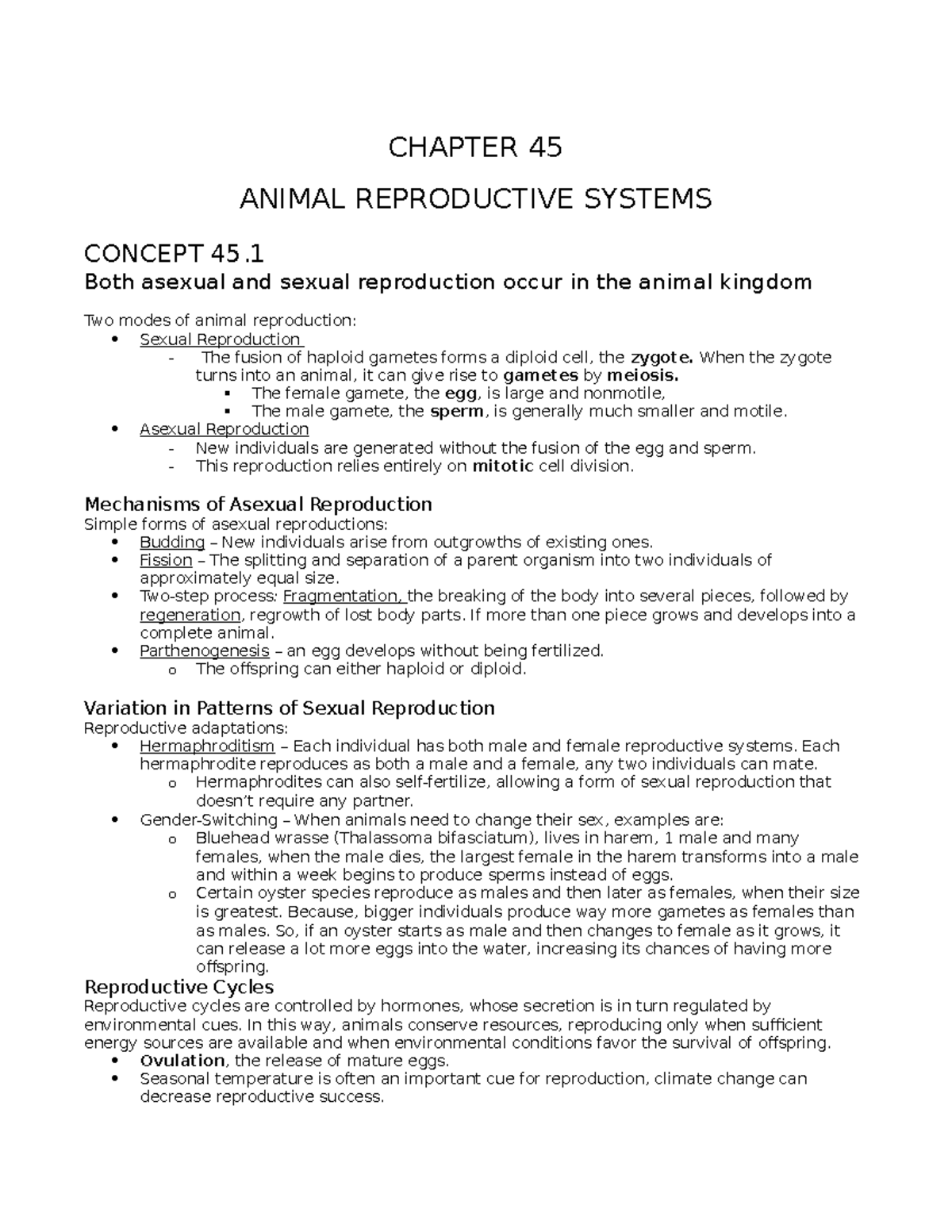 Chapter 45 - Bio 2 - Animal Reproductive Systems Notes - Studocu