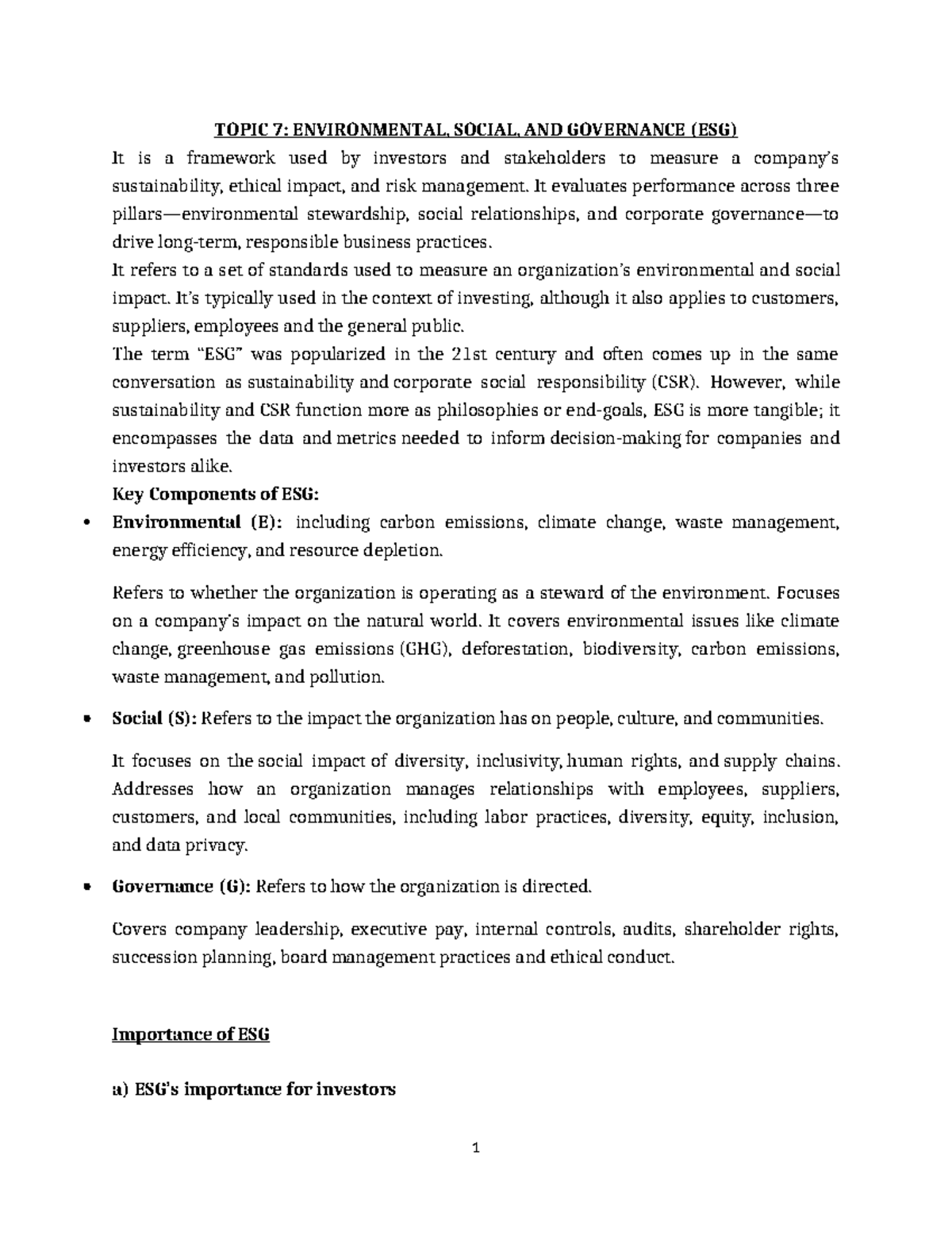 Topic 7: Environmental, Social, and Governance (ESG) Framework Overview ...