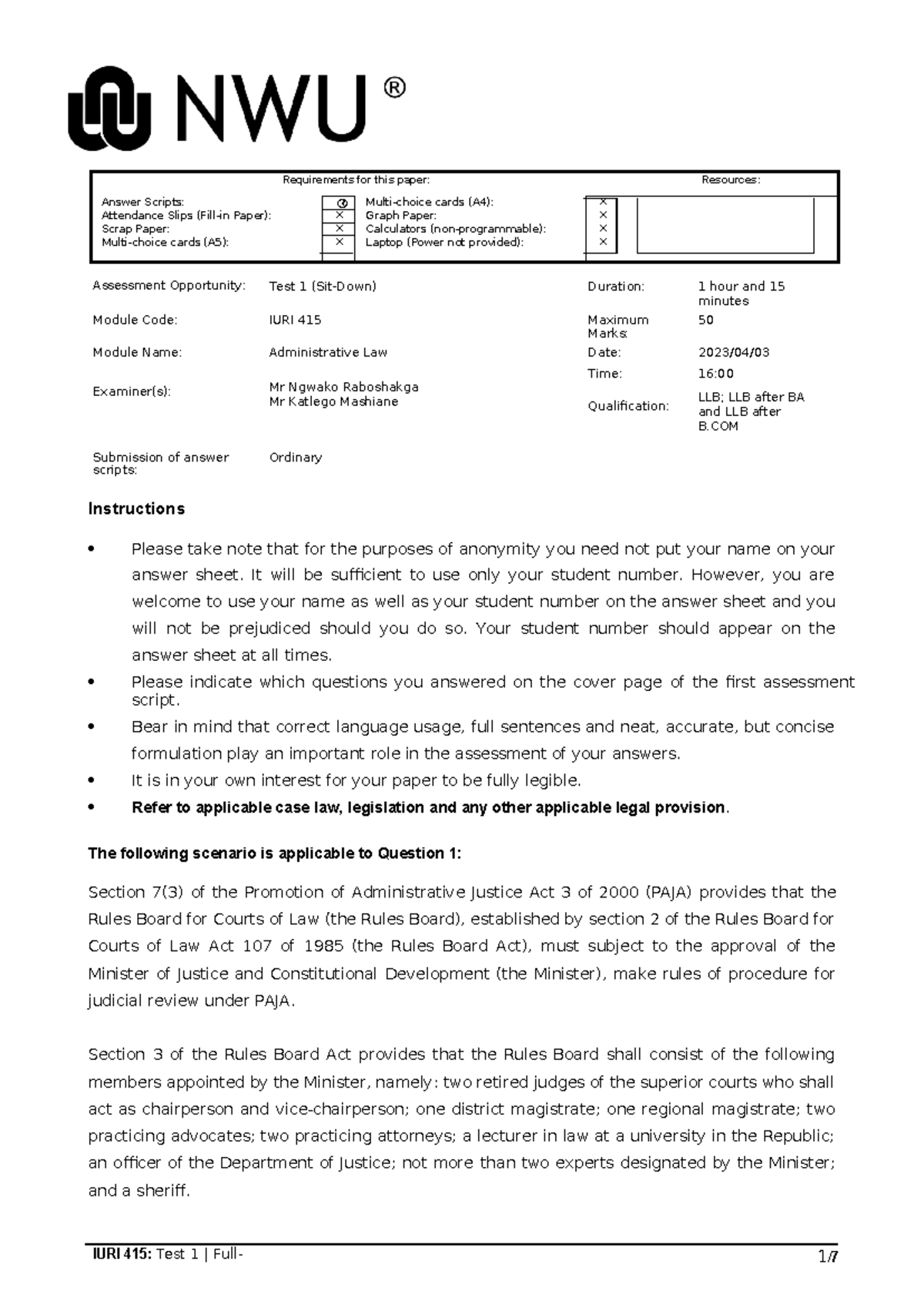 IURI 415 2023 Test 1 Instructions and Resource Requirements - Studocu