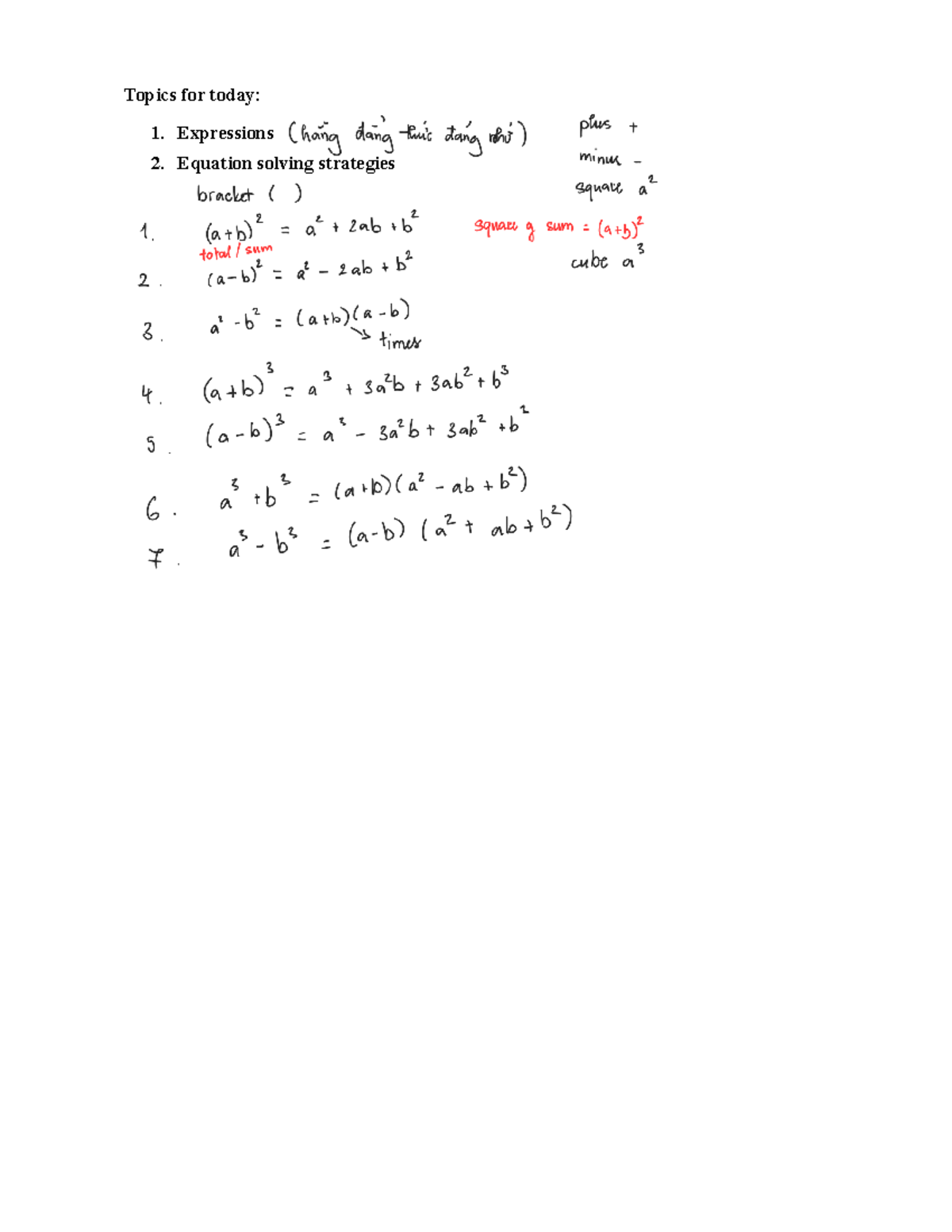 Expressions and manipulating equations - Topics for today: Expressions ...