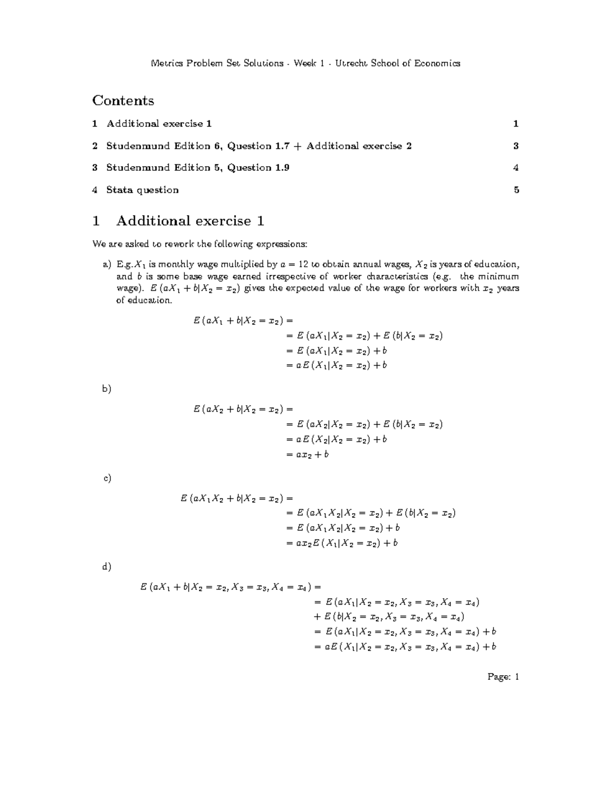 Metrics Problem Set Solutions Wk 1 - Utrecht School of Economics ...