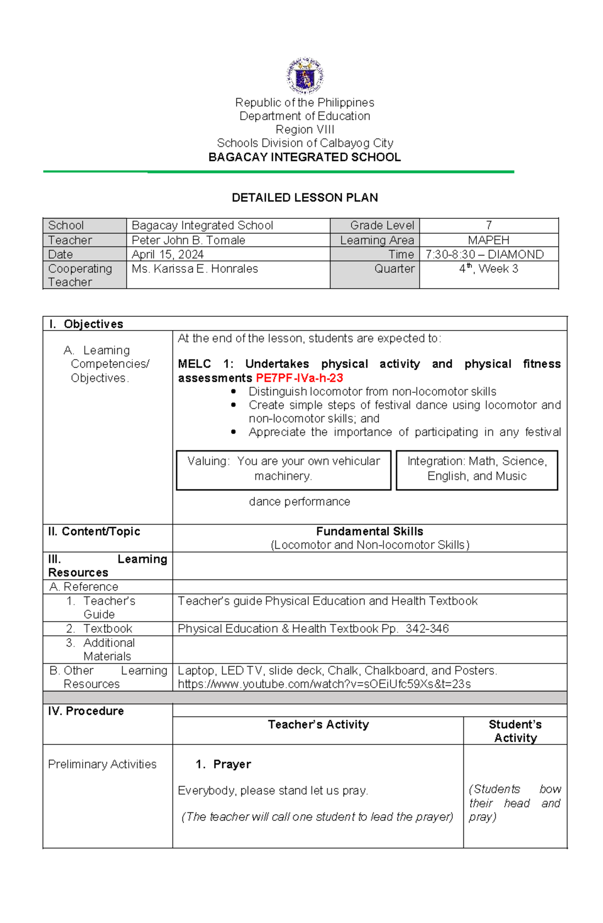 Final Lesson Plan for MAPEH 7: Festival Dance Skills (Q4, W3) - Studocu