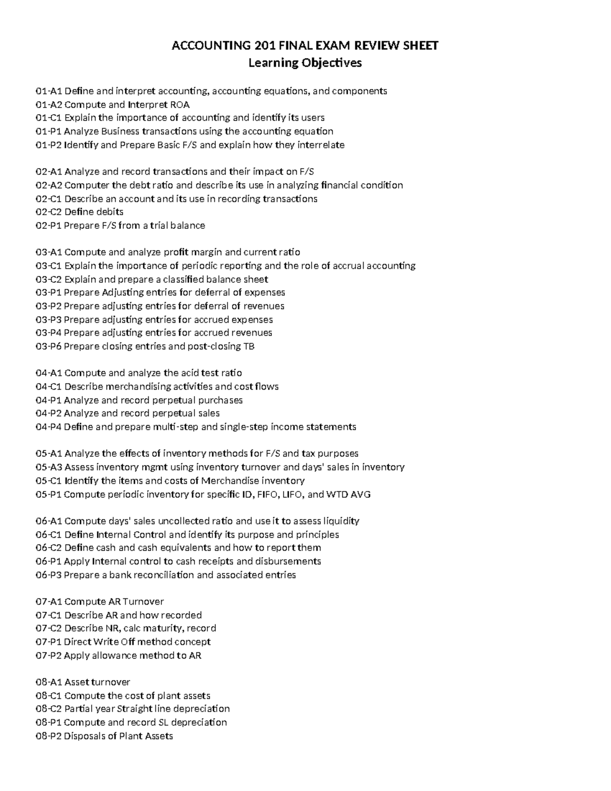 ACCOUNTING 201 FINAL EXAM REVIEW SHEET: KEY LEARNING OBJECTIVES - Studocu