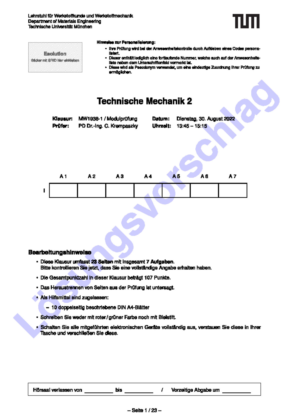 SS22 Technische Mechanik 2 - Altklausur 2022 Lösungen und Hinweise ...