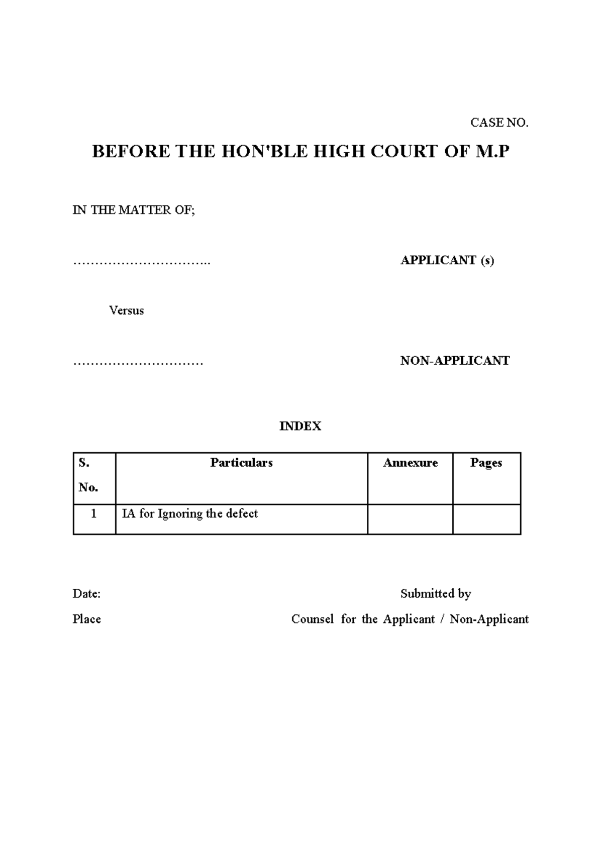IA Format for Ignoring Defect - High Court of M.P. - Studocu