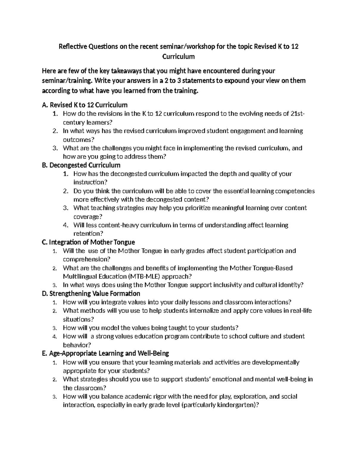 Reflective Questions on Revised K to 12 Curriculum Seminar - Studocu