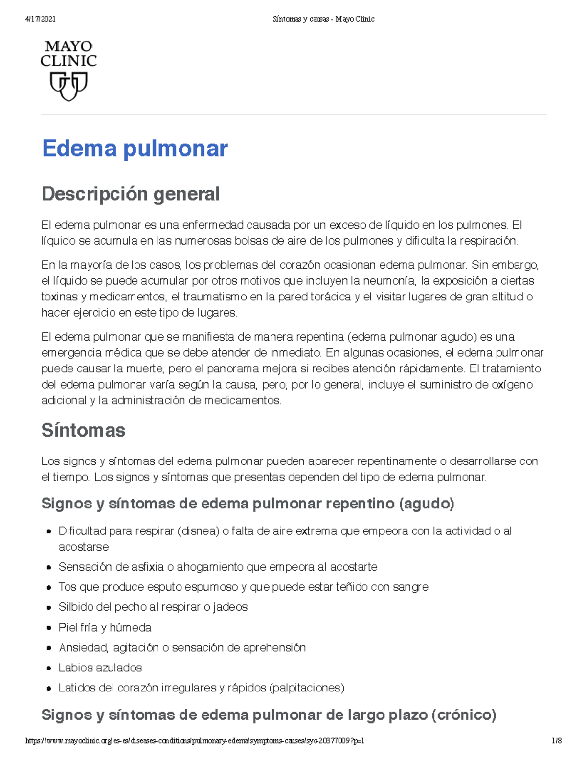 Signos Y Sintomas De Edema Pulmonar