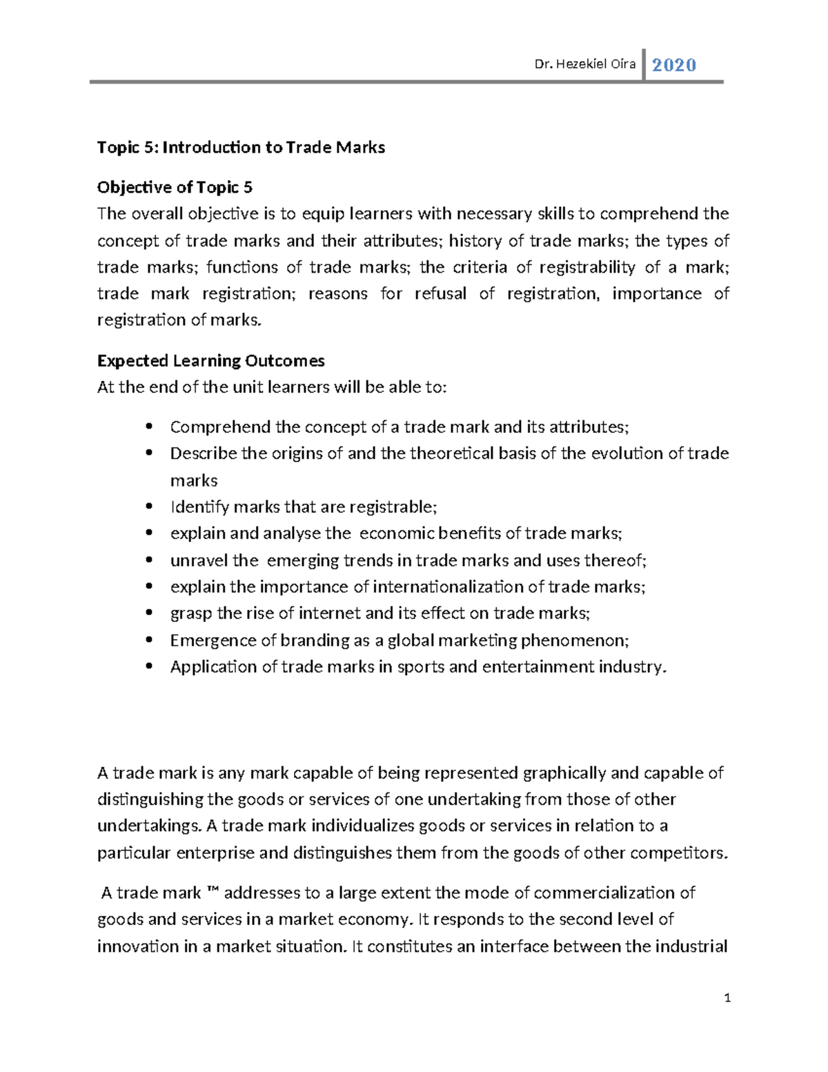INT 2020 Topic 5: Understanding Trade Marks and Their Importance - Studocu