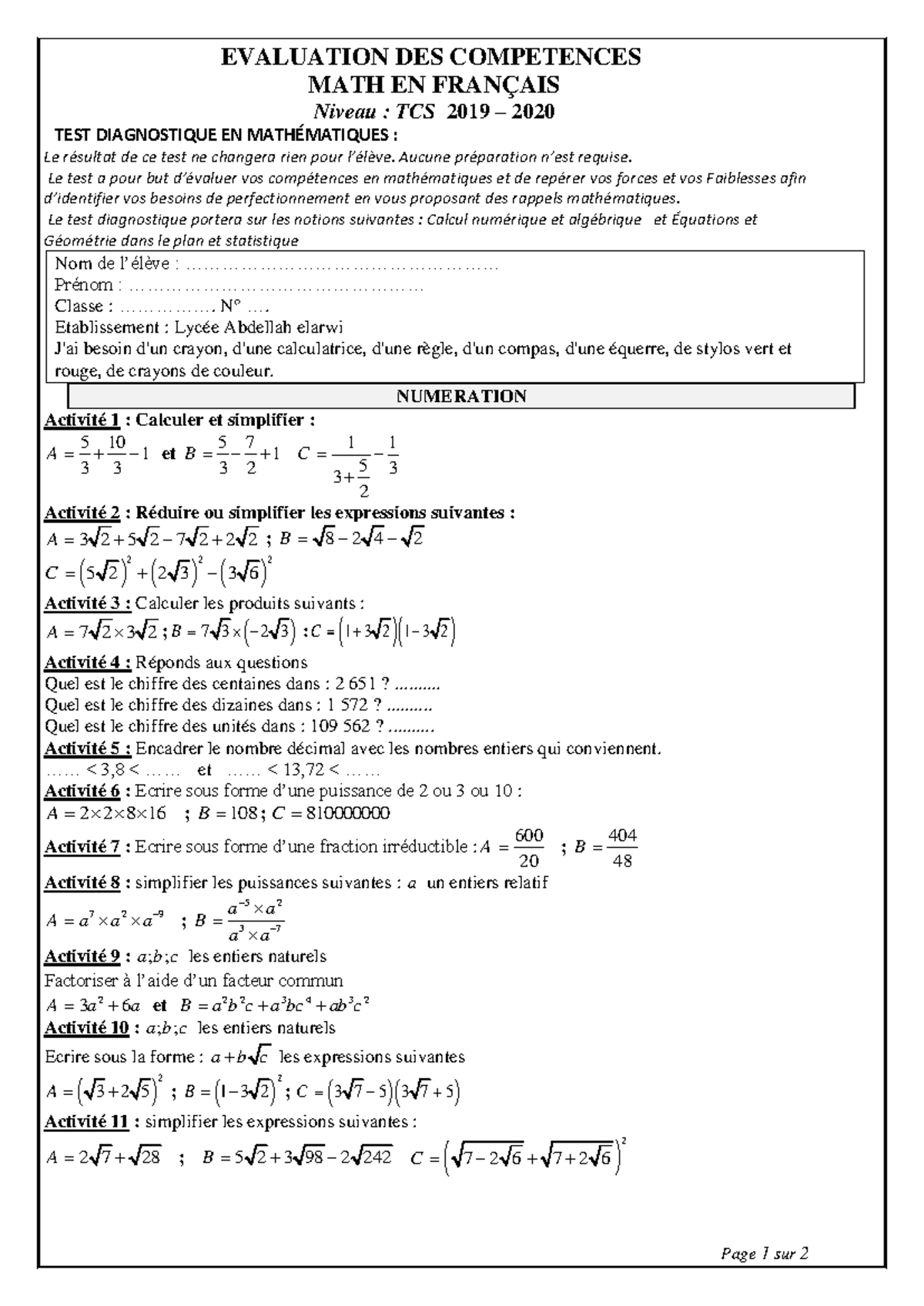 Evalmath-2 - Test Diagnostique en Mathématiques TCS 2019-2020 - Studocu