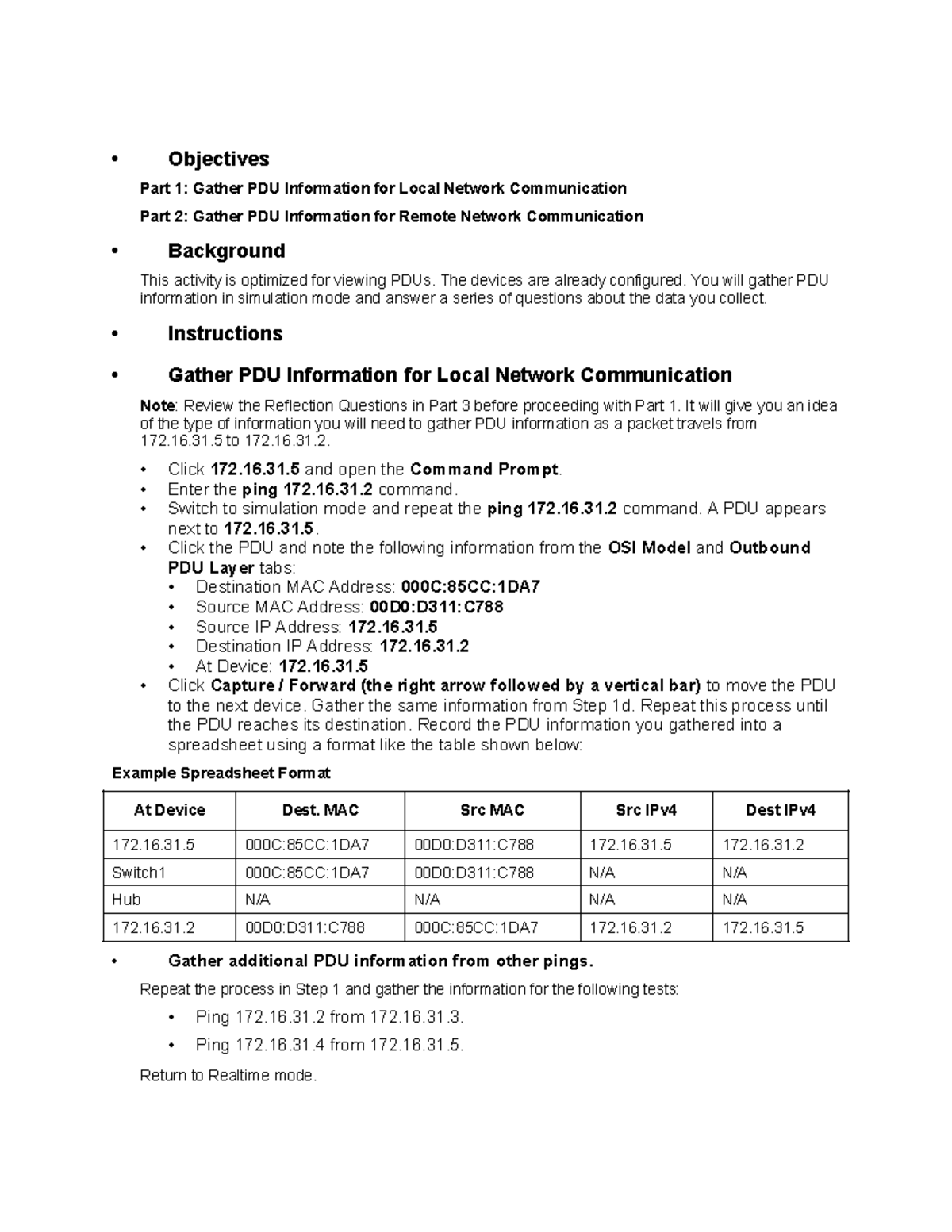 9.1.3 Packet Tracer - Analyzing MAC & IP Addressing Data - Studocu