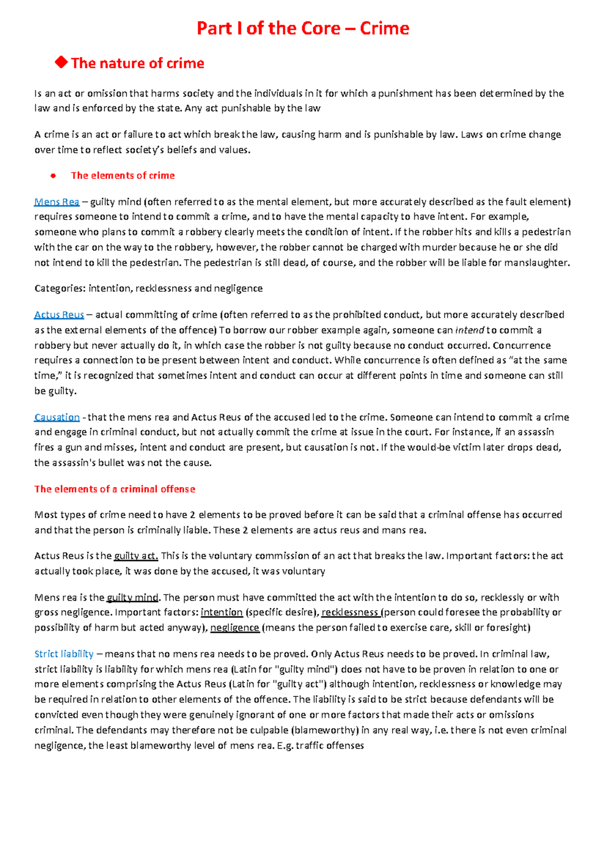 Part I Core - Detailed Notes on Crime Elements and Legal Processes ...