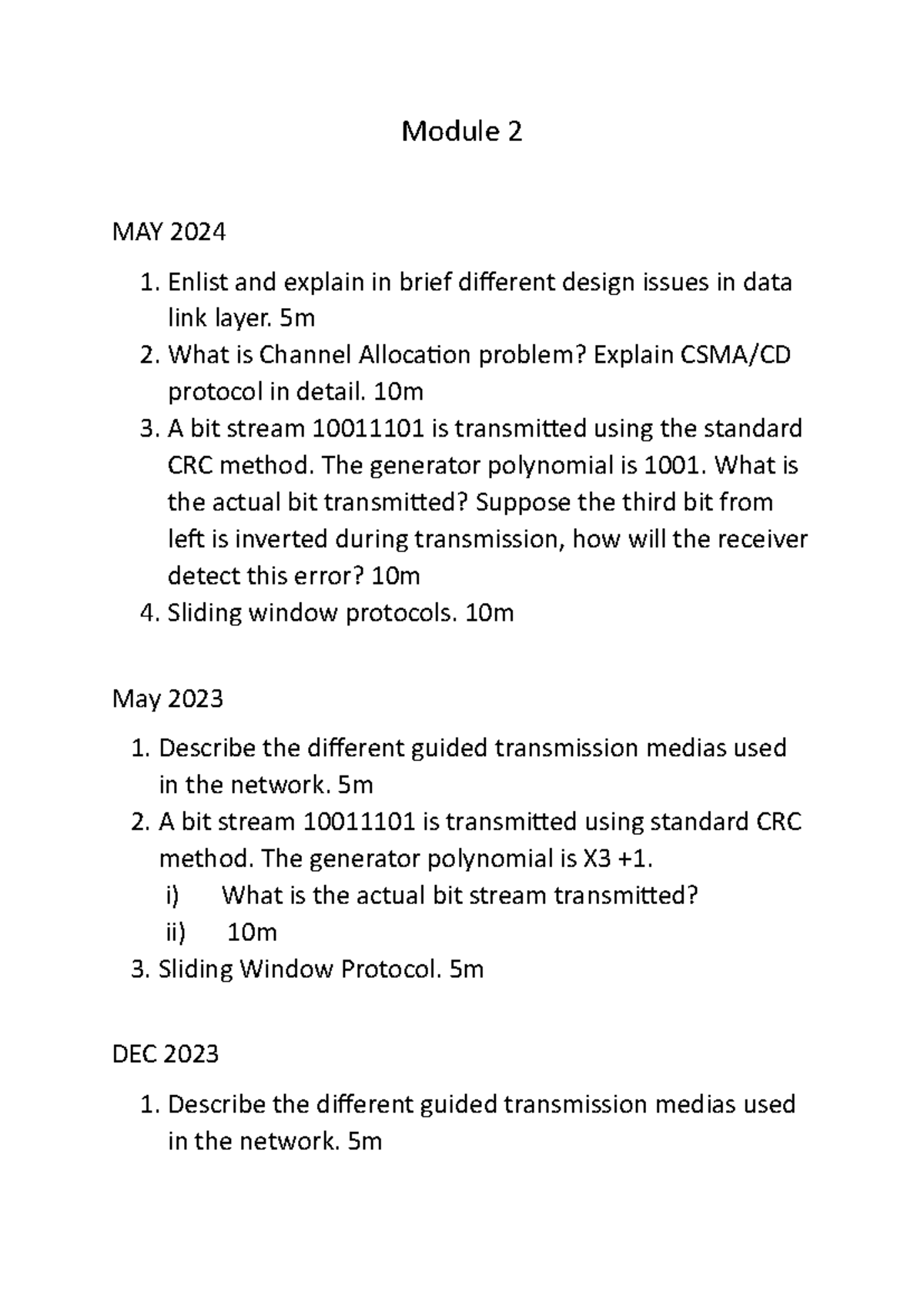 CN Modulewise PYQs - Important Questions for Exam Preparation - Studocu