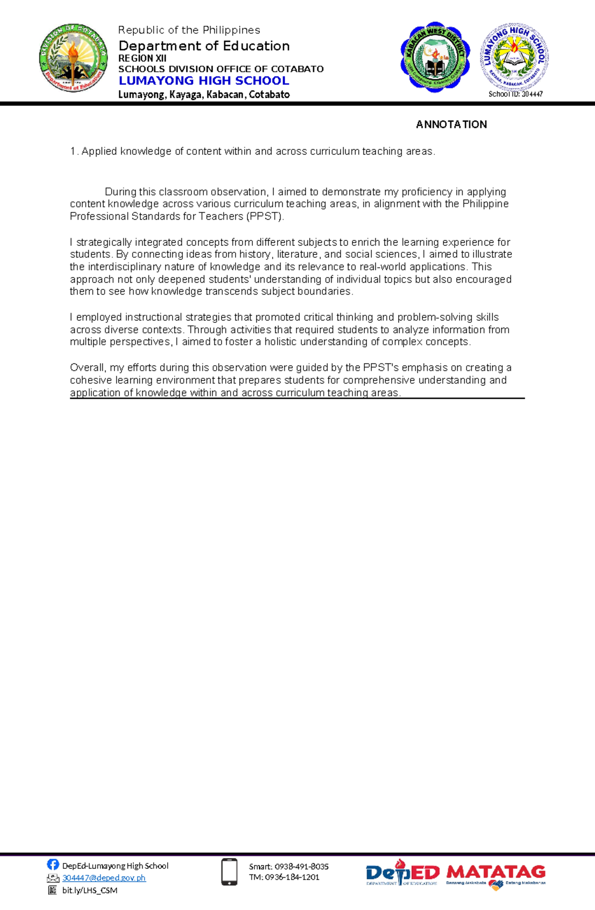 Sample Annotation for RPMS Objective 1 - Teaching Integration - Studocu