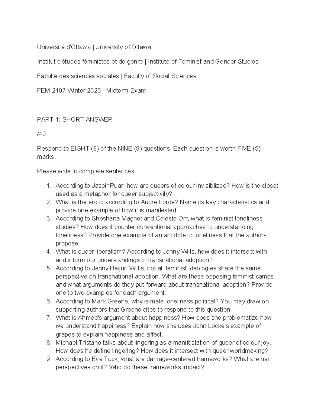 FEM 2107 Winter 2026 - Midterm Exam: Short & Long Answer Guide - Studocu