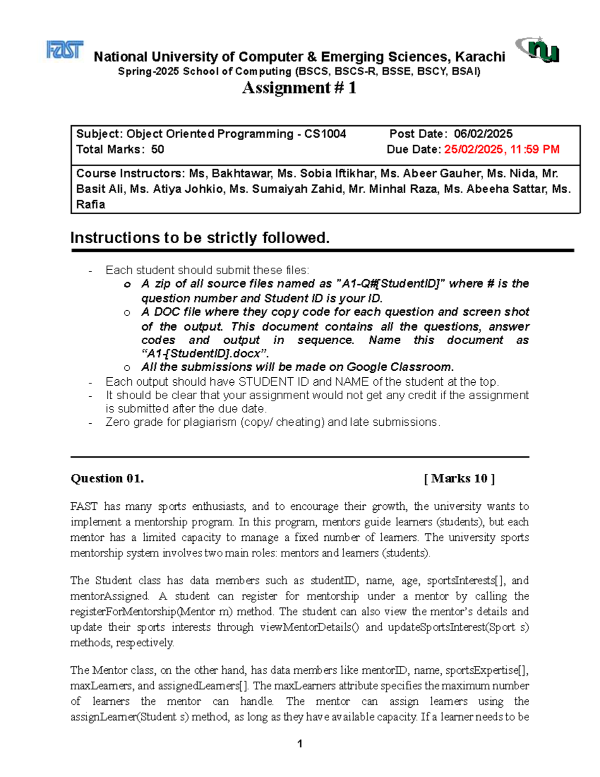 OOP Assignment 1 (CS1004) - Object Oriented Programming Tasks & Guidelines - Studocu
