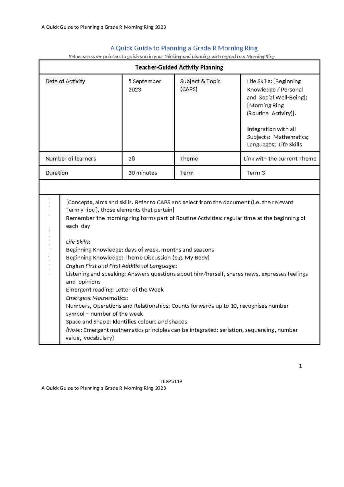 Grade R Morning Ring Planning Guide (2023) - Teacher Resources - Studocu