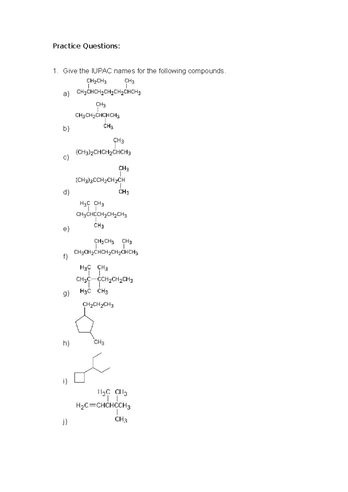 4CHM 112 Test 2 Practice Questions and IUPAC Naming Exercises - Studocu