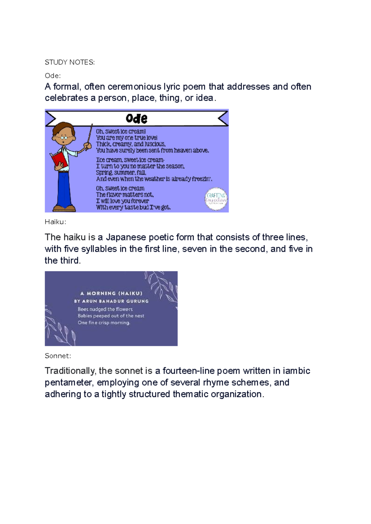 Y9T2 English Study Notes: Poetic Forms & Themes in Literature - Studocu