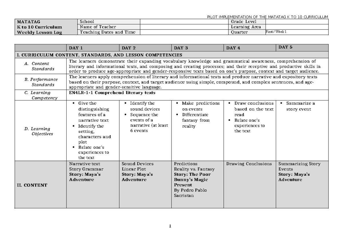 LE English 4 Week 1 Lesson Log - Narrative Text and Standards - Studocu