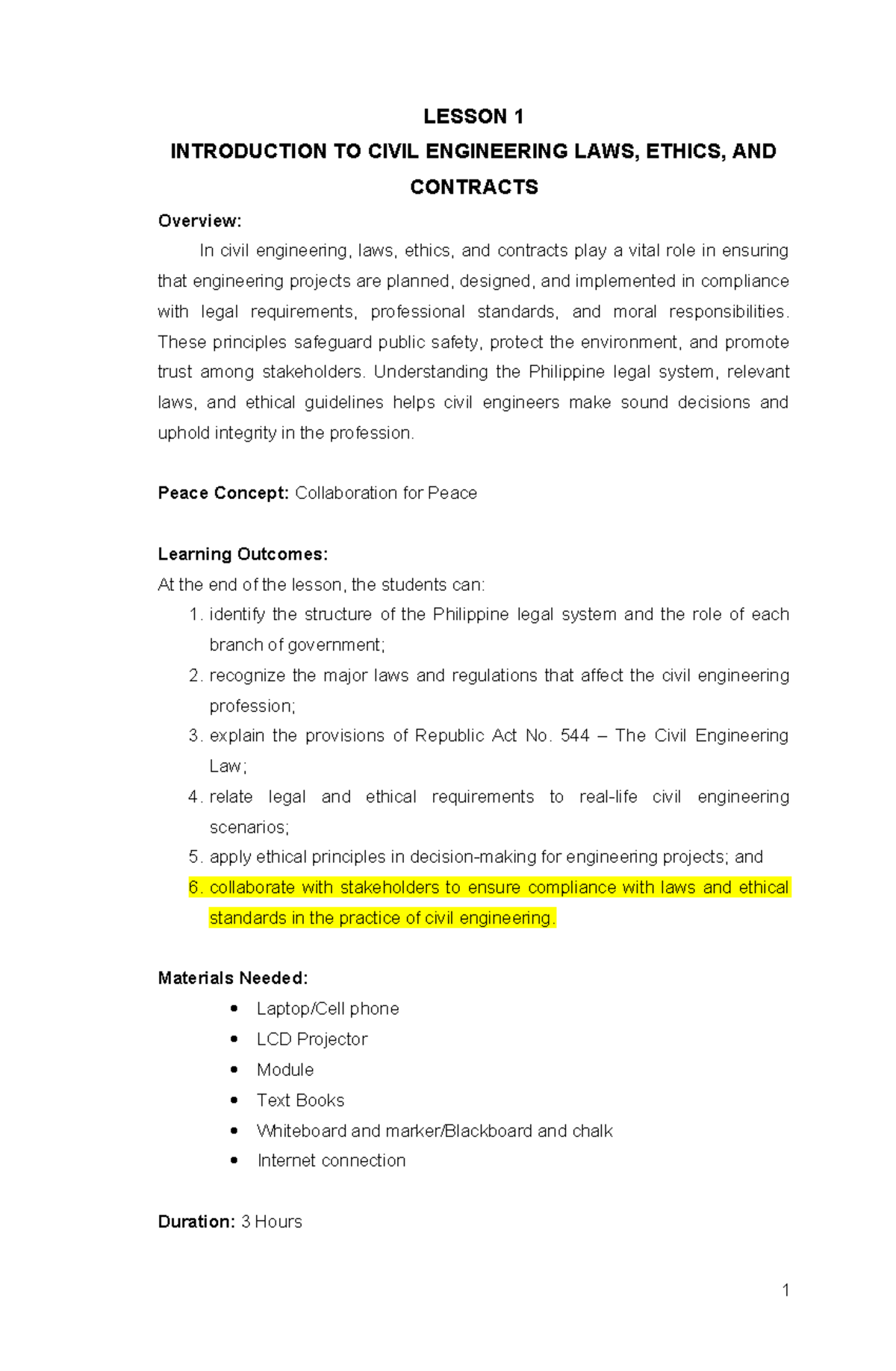 LESSON 1: INTRODUCTION TO CIVIL ENGINEERING LAWS, ETHICS, AND CONTRACTS ...