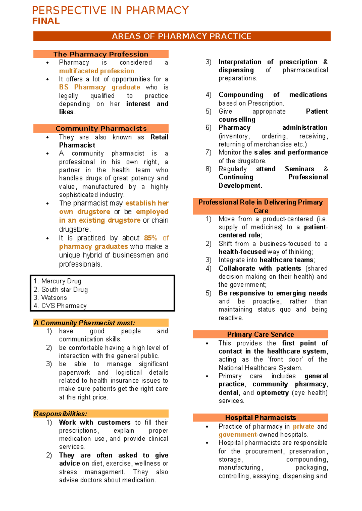 PIPH 101: Final Exam Lecture Notes on Pharmacy Practice Areas - Studocu