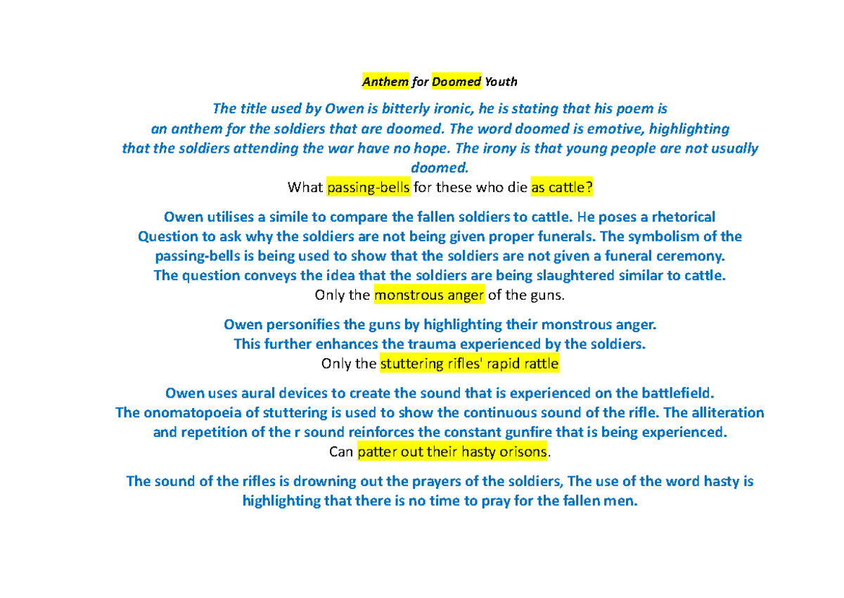 ENG 101: Anthem for Doomed Youth Poem Analysis and Interpretation - Studocu