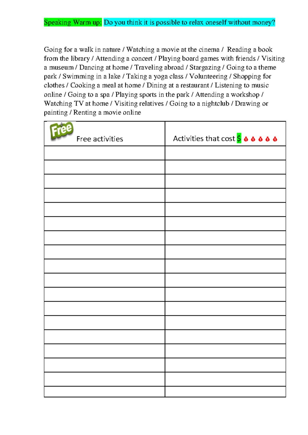 Speaking Warm-Up: Free Activities to Relax Without Money - Studocu