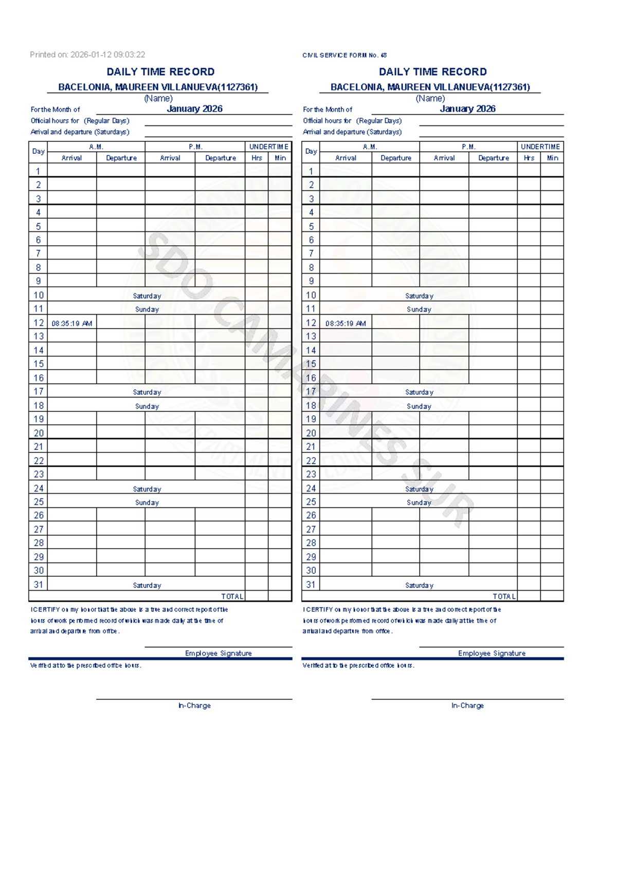 CIVIL SERVICE FORM No. 48: Daily Time Record for January 2026 - Studocu